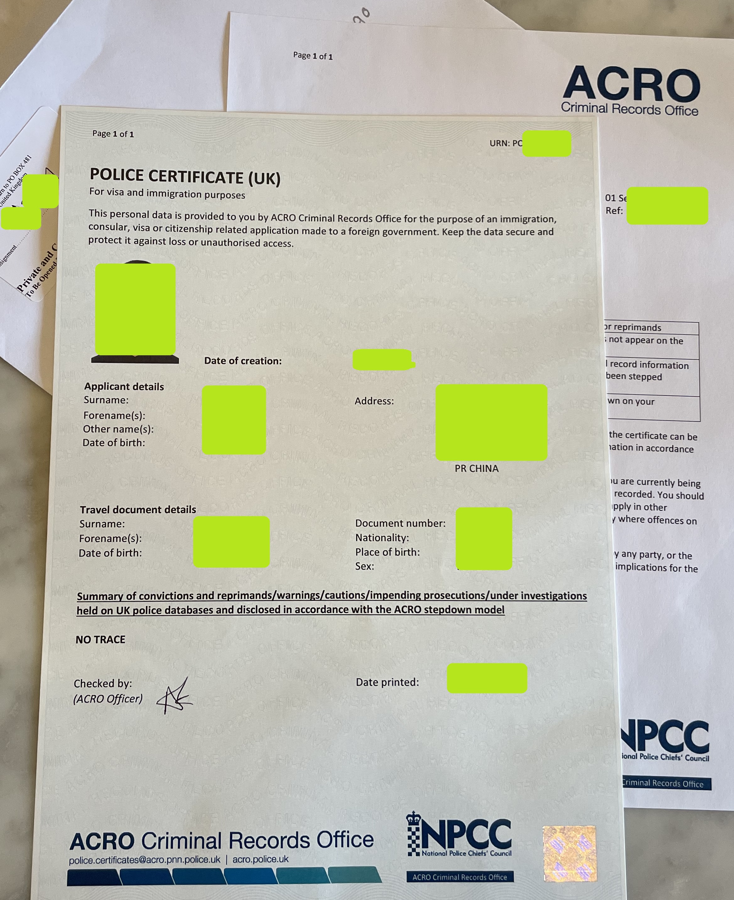 新新对公--高知圈跨国文件综合对公服务 - 英国United Kingdom无犯罪证明（ACRO Criminal Records/Police Certificate）